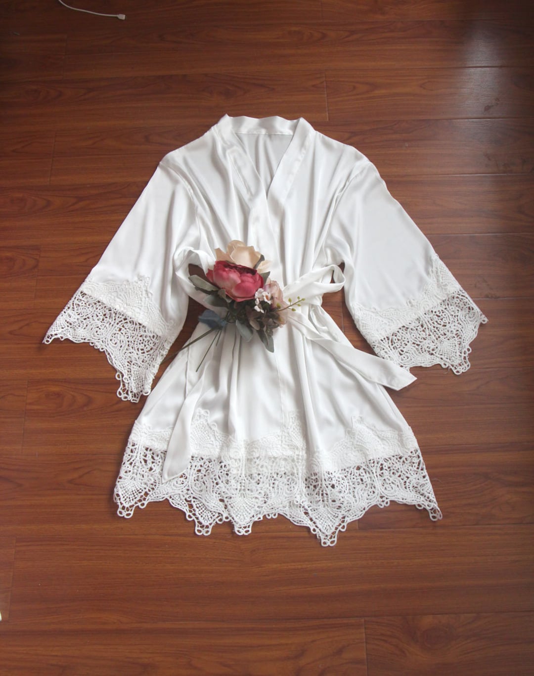Satin White Bridal Robe-long Sleeve-with Wide Lace Trims on Sleeves and ...