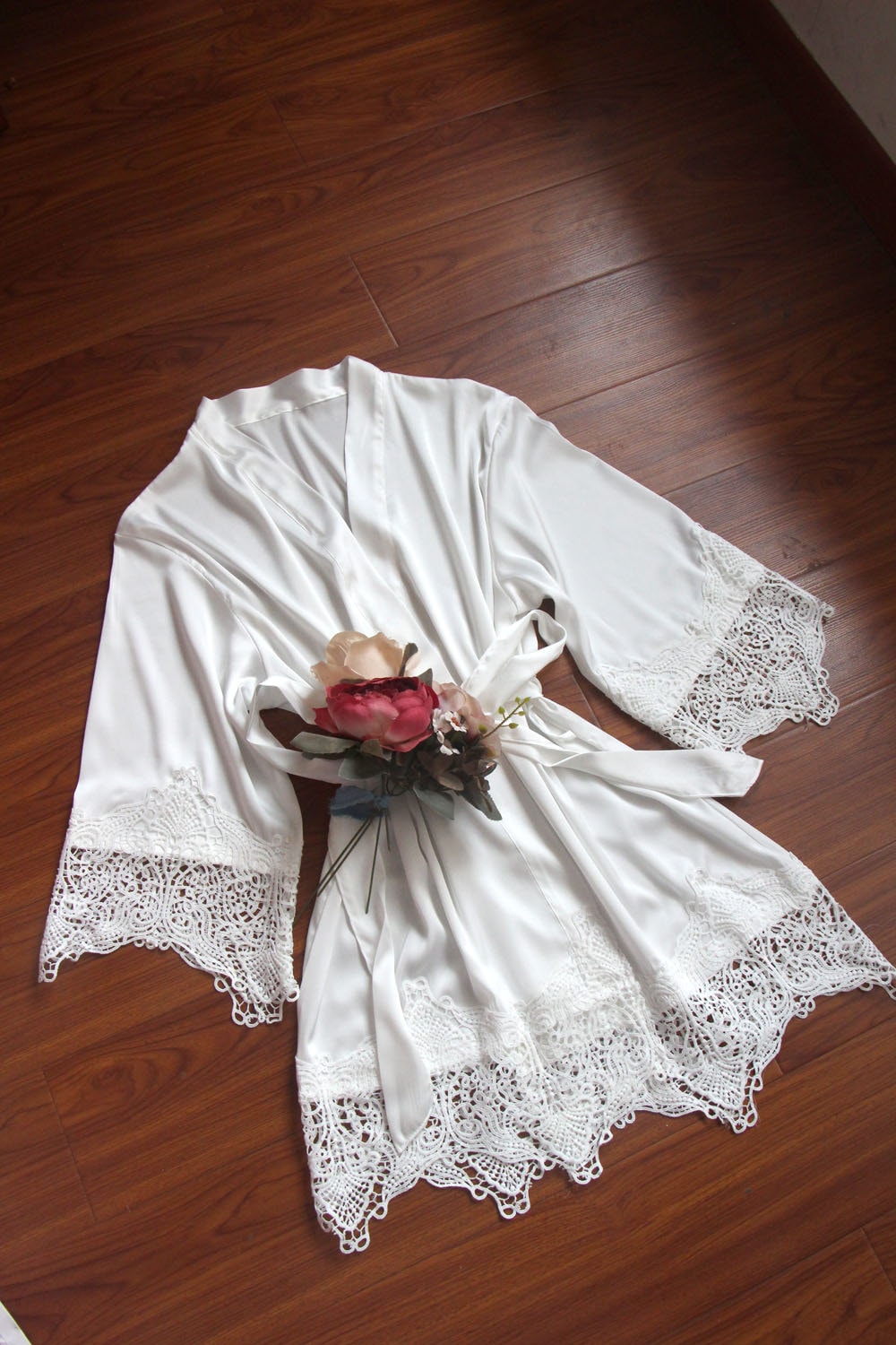 Satin White Bridal Robe-long Sleeve-with Wide Lace Trims on | Etsy