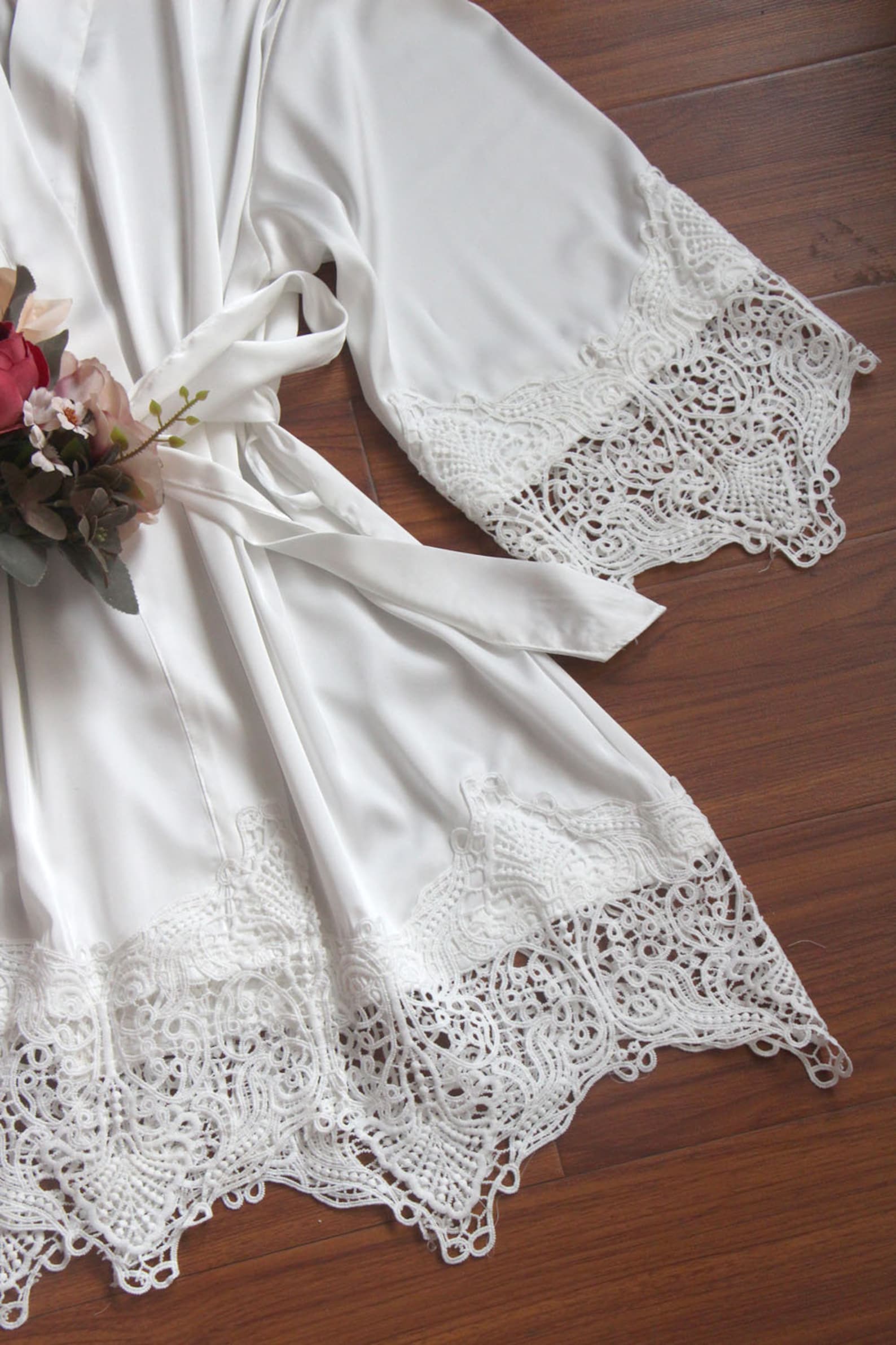 Satin White Bridal Robe-long Sleeve-with Wide Lace Trims on Sleeves and ...