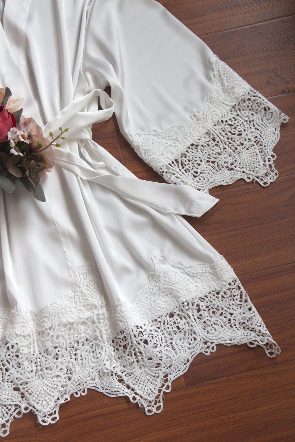 Satin White Bridal Robe-long Sleeve-with Wide Lace Trims on | Etsy
