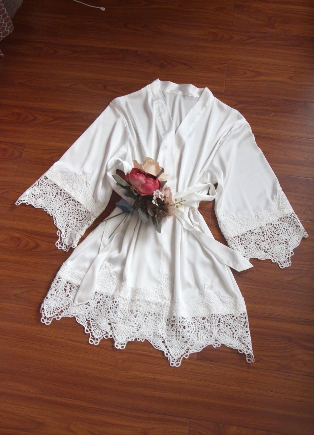 Satin White Bridal Robe-long Sleeve-with Wide Lace Trims on - Etsy
