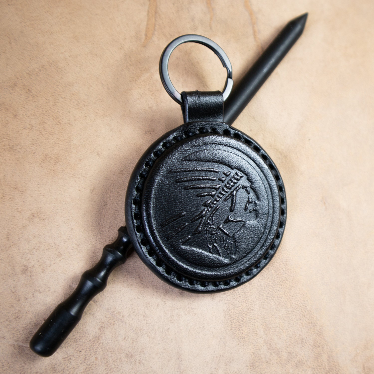 Handmade Leather Key Fob INDIAN HEAD All BLACK | Etsy