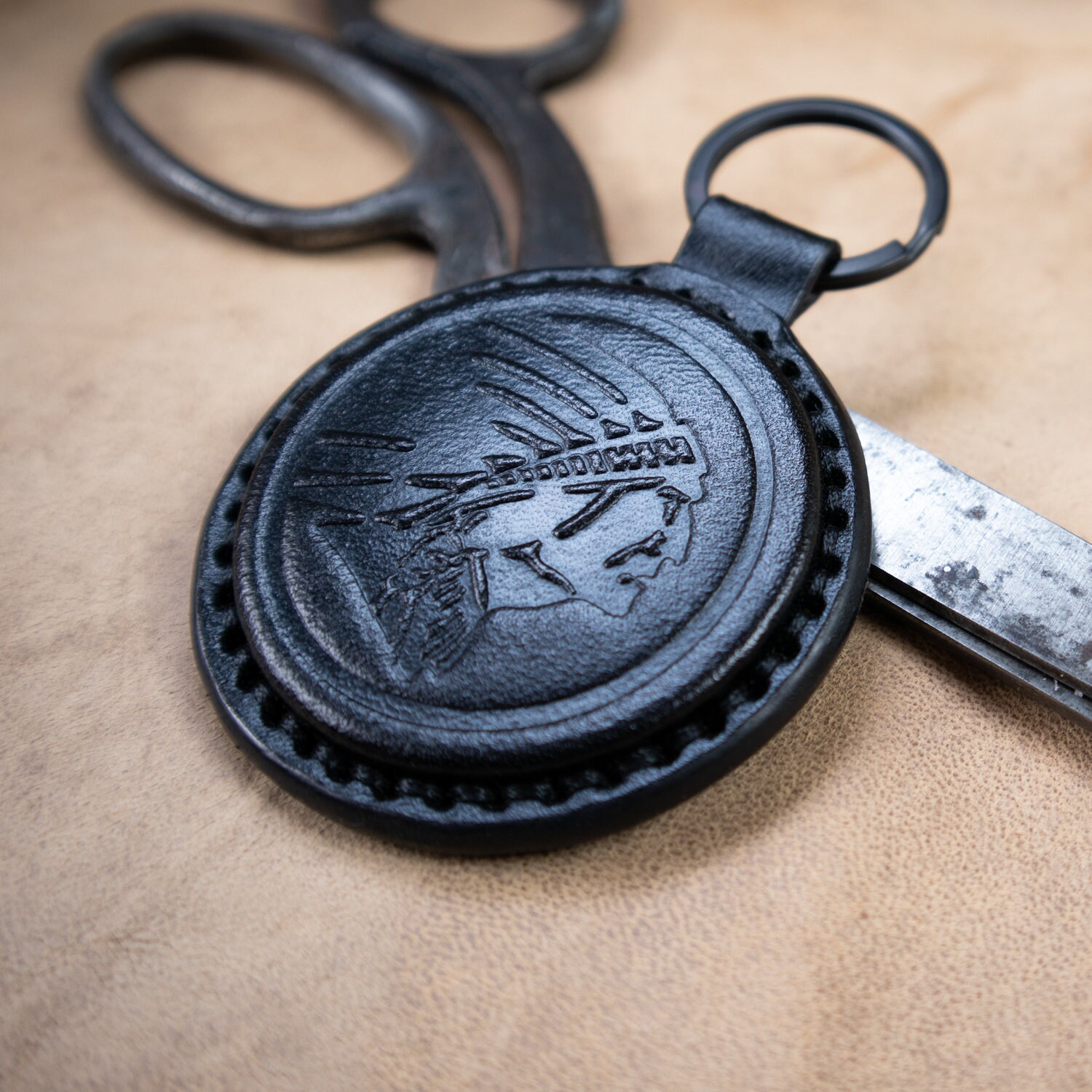 Handmade Leather Key Fob INDIAN HEAD All BLACK | Etsy
