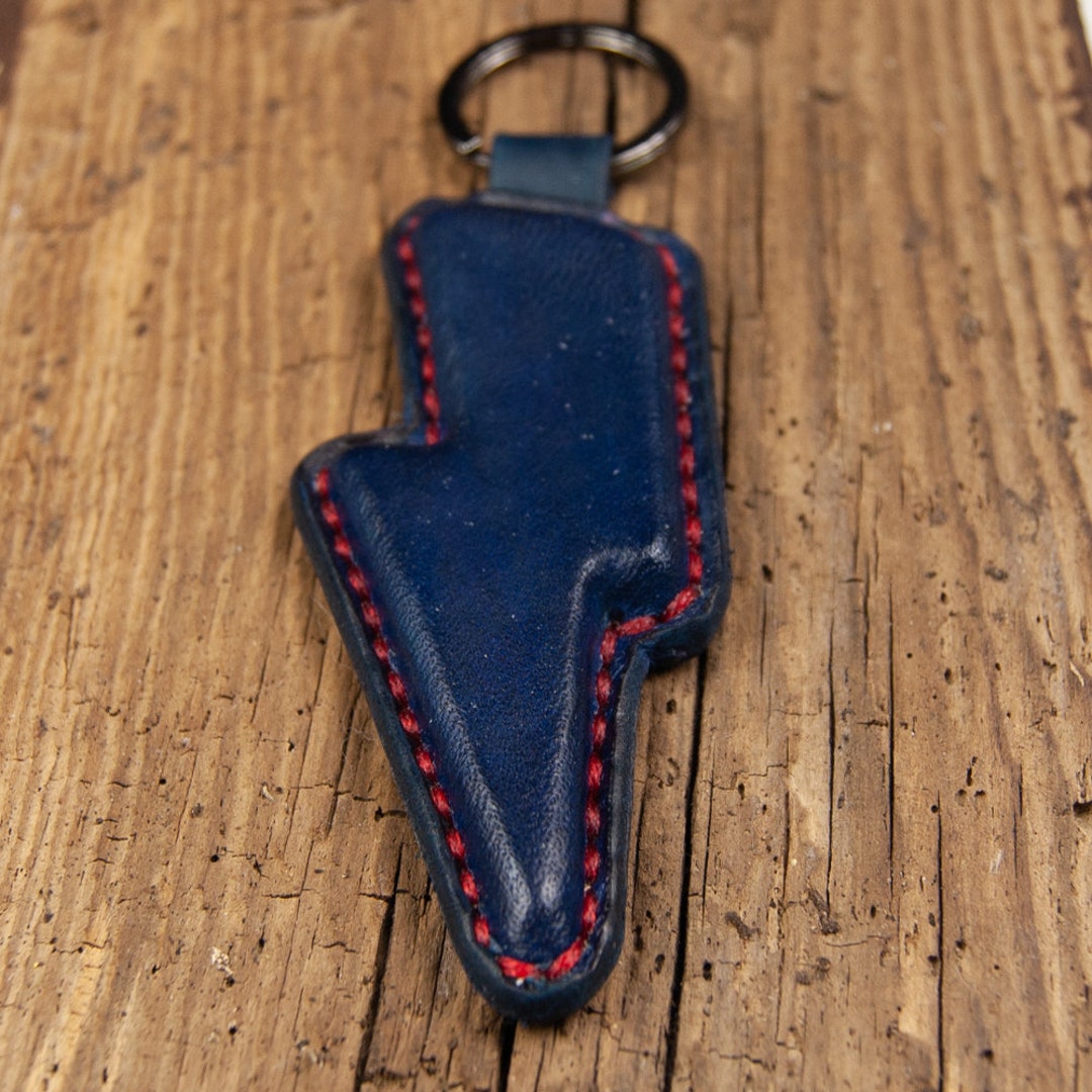 Beautiful Handmade Leather Keychain BOLT BLUE With Red Thread - Etsy