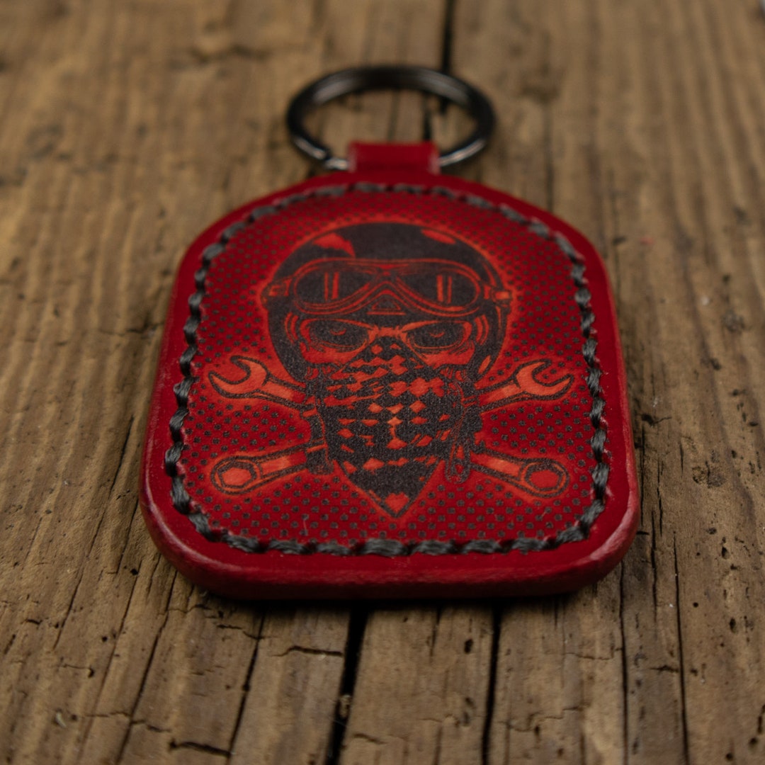 Moto Racer Skull Handmade Leather Keychain - Etsy