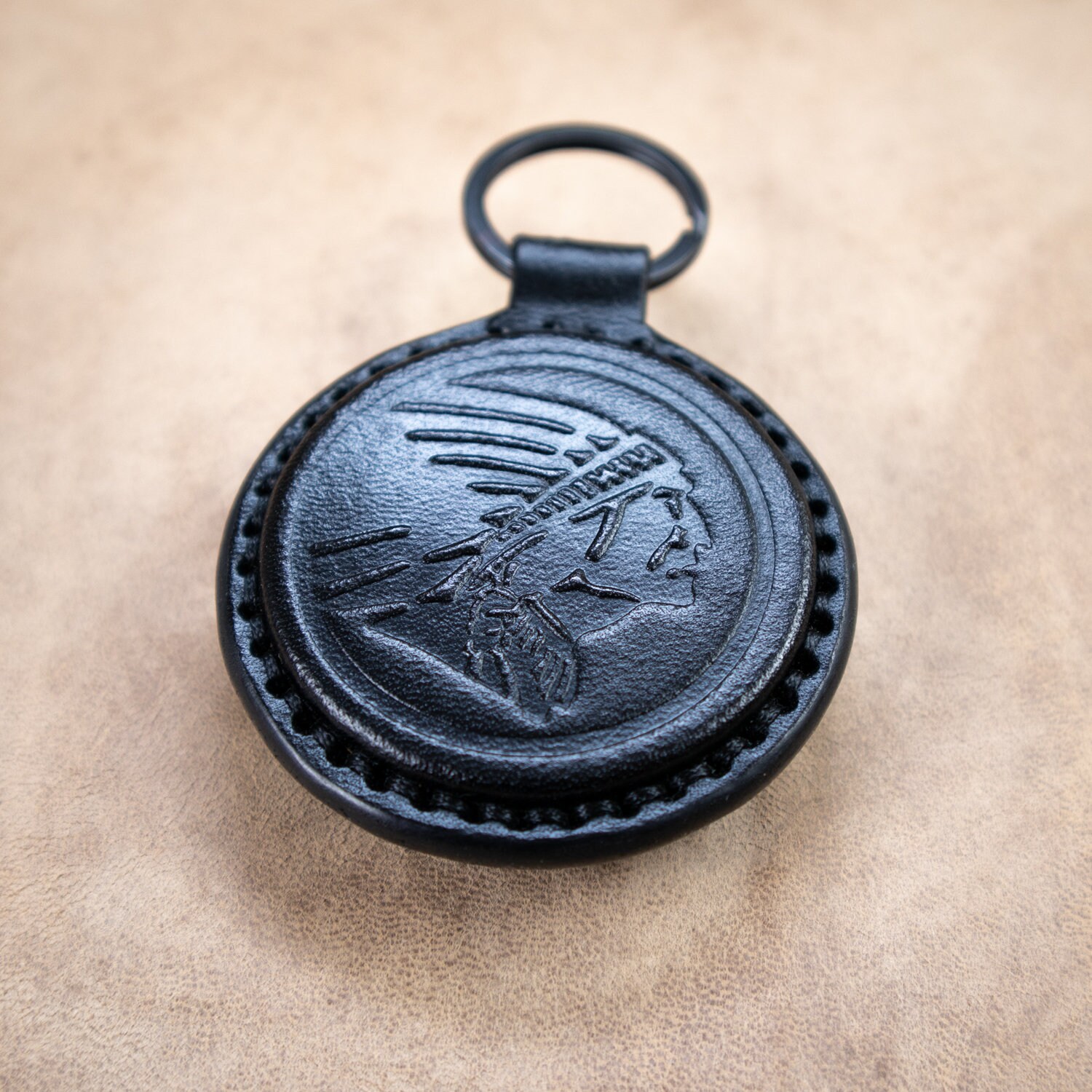 Handmade Leather Key Fob INDIAN HEAD All BLACK | Etsy
