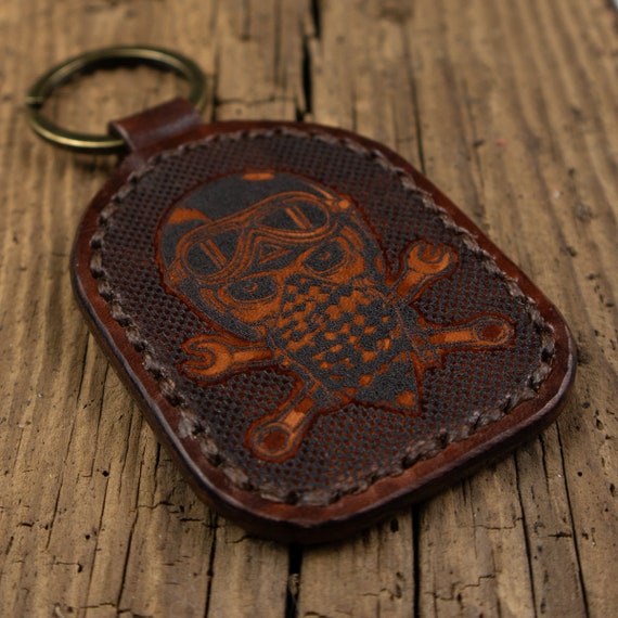 Moto Racer Skull Handmade Leather Keychain | Etsy