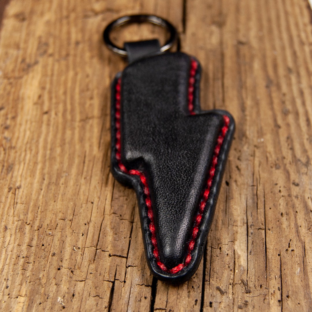 Beautiful Handmade Leather Keychain BOLT BLACK With Red Thread - Etsy