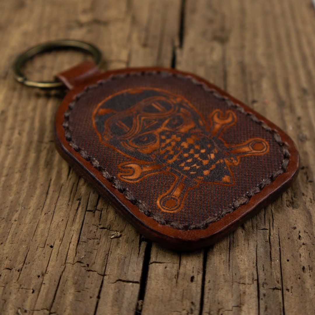 Moto Racer Skull Handmade Leather Keychain - Etsy