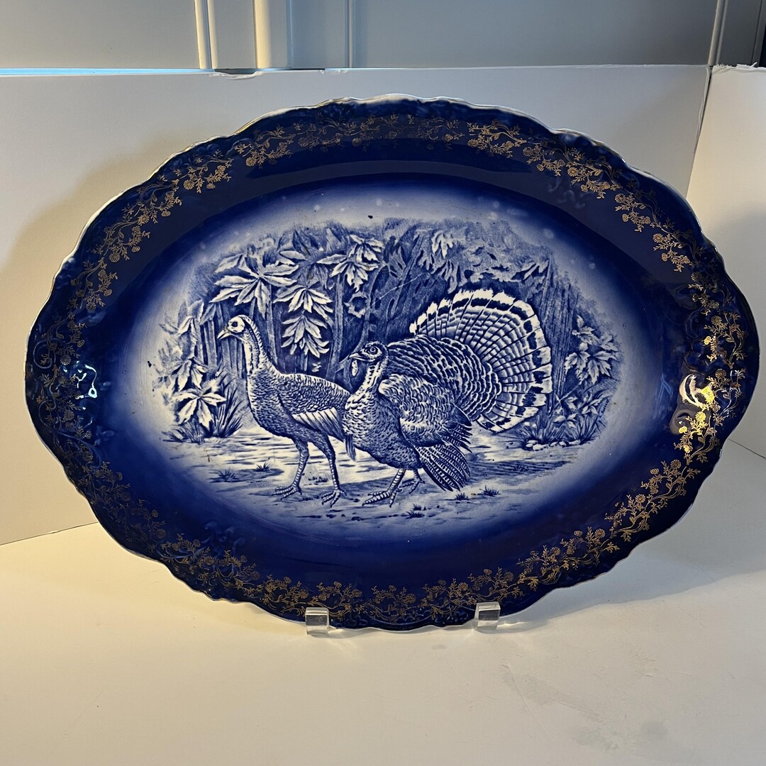 Transferware Flow Blue Turkey Platter, Male & Female Turkey, Large Oval ...