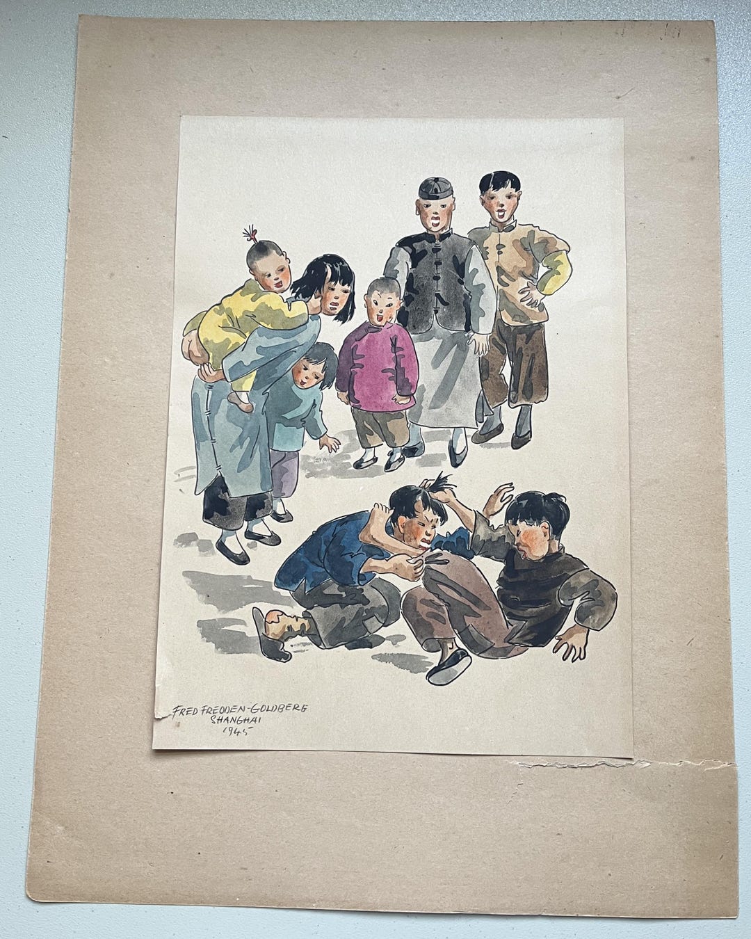 Antique Watercolor, 1945 Original, Shanghai, Childern, by Fred Fredden ...