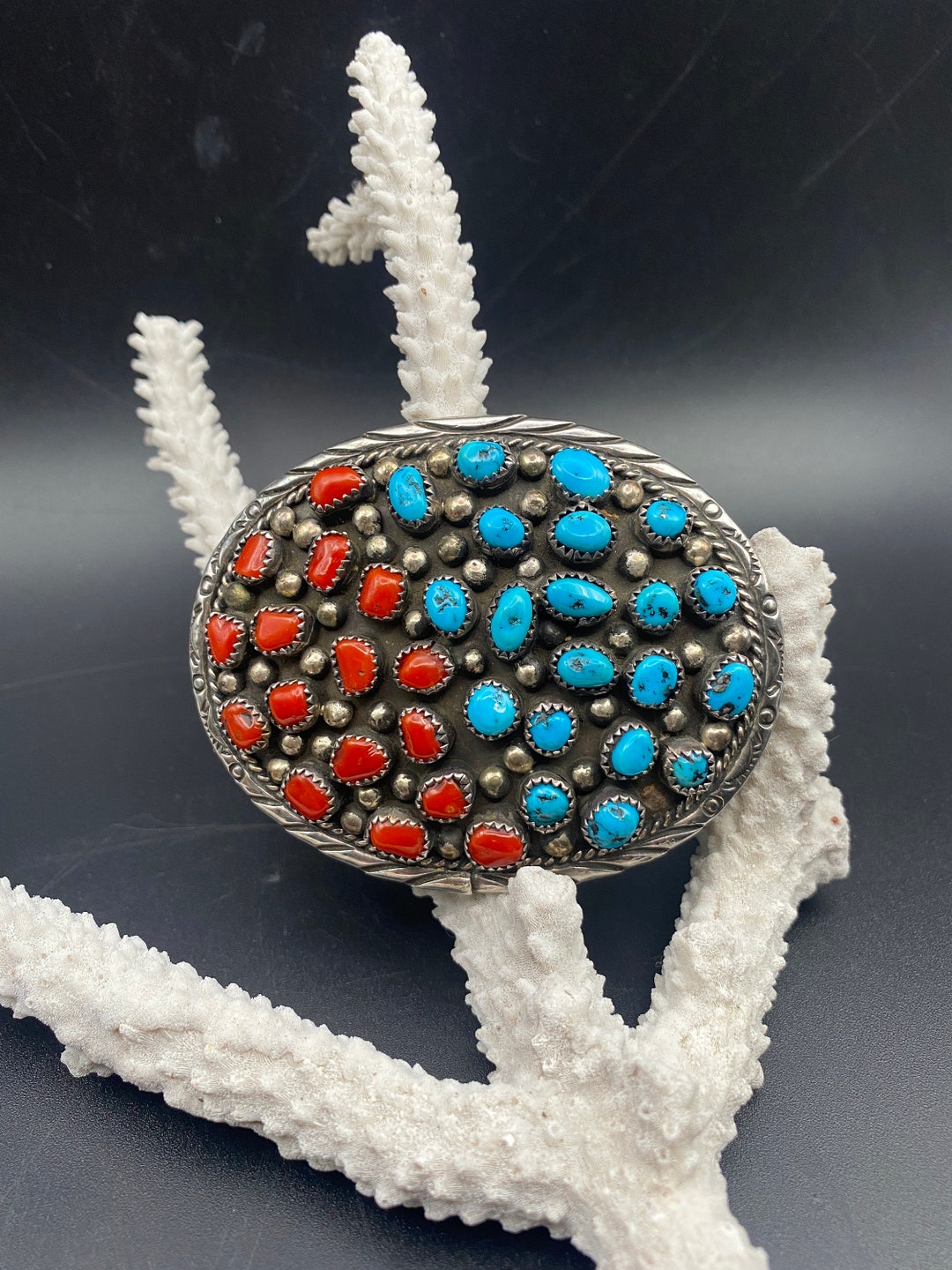 Navajo Kingman Turquoise Coral, Cluster, Sterling Belt Buckle Native ...