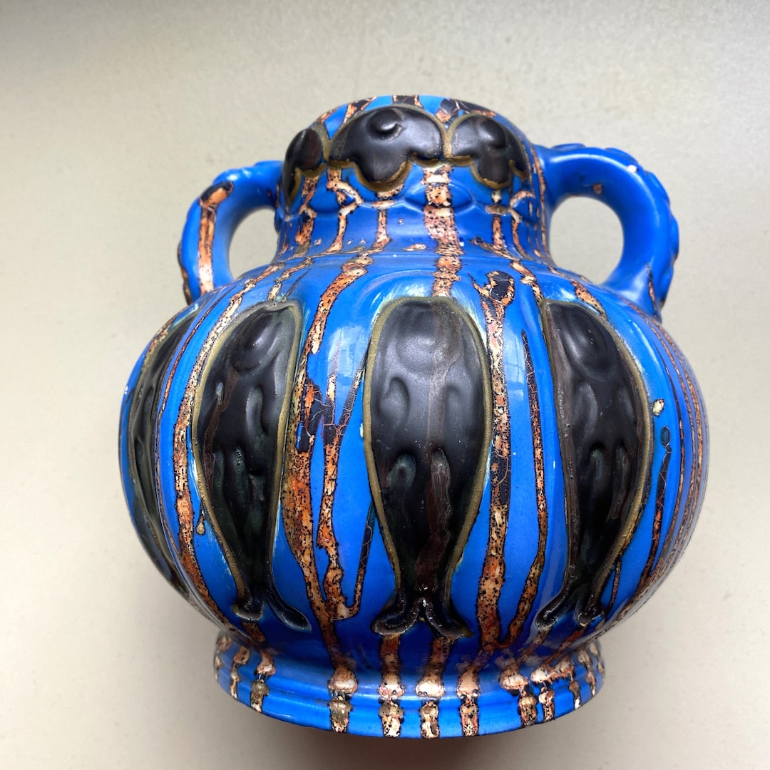 Czech Art Pottery Alienware Handled Vase, Fish, Blue Drip Glaze Ditmar ...