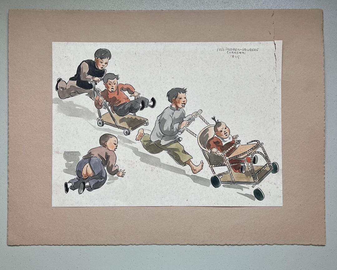 Antique Watercolor, 1945 Original, Shanghai, Childern, by Fred Fredden ...