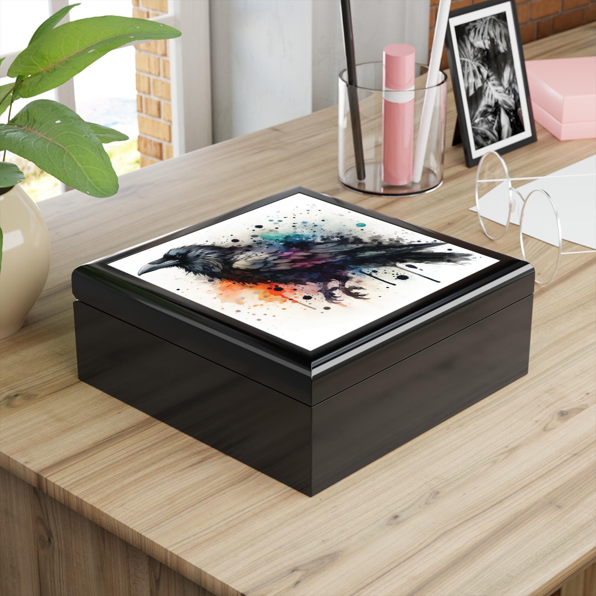 Watercolor Raven Jewelry Box, Splatter and Drip Paint Keepsake Casket ...