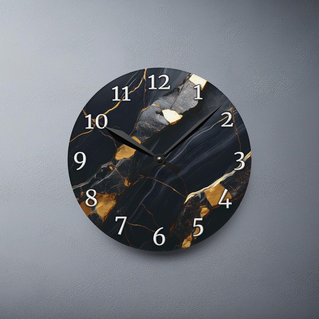 Black and Gold Wall Clock: Acrylic Obsidian Stone Print - Etsy