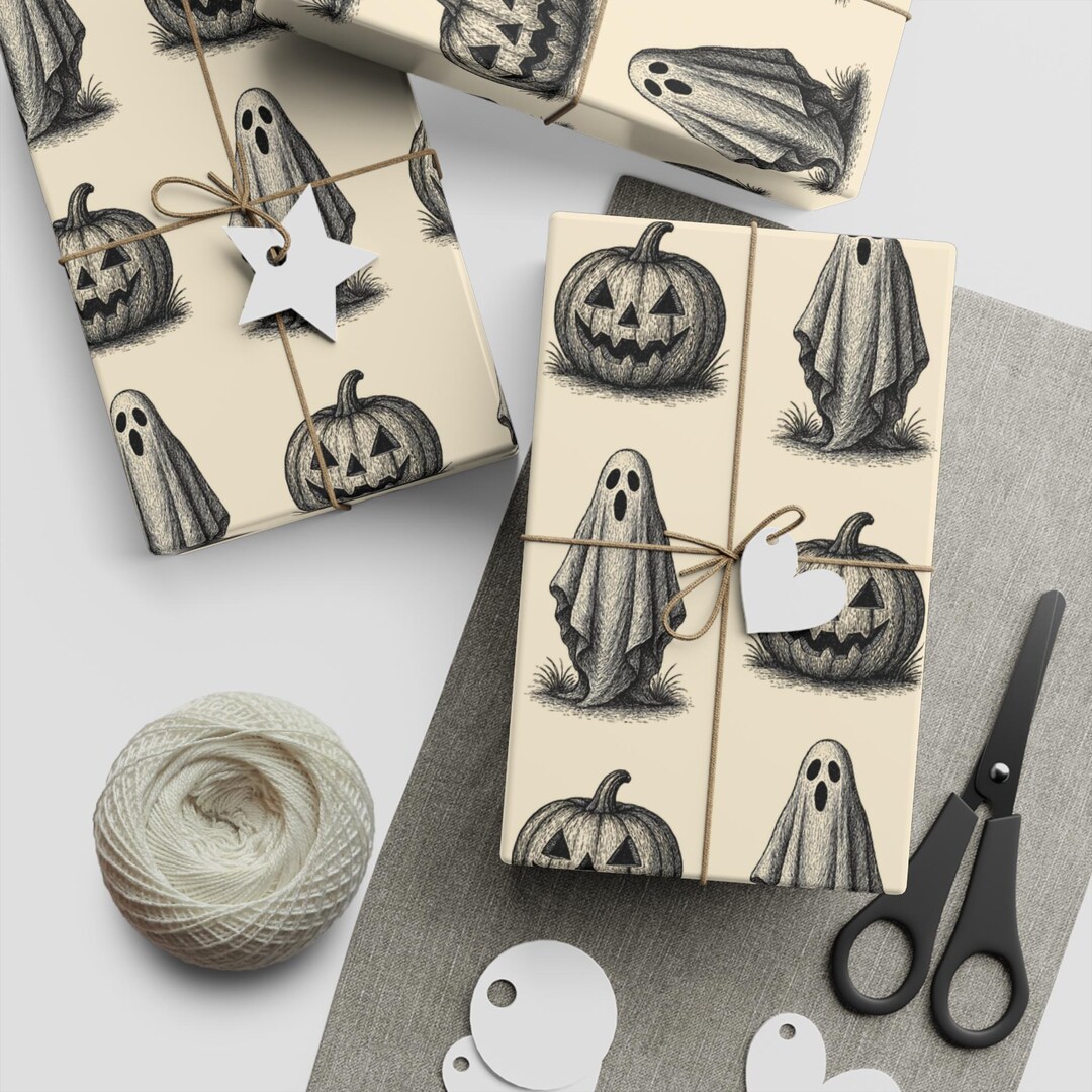 Vintage Halloween Wrapping Paper: Ghost & Pumpkin Design - Etsy