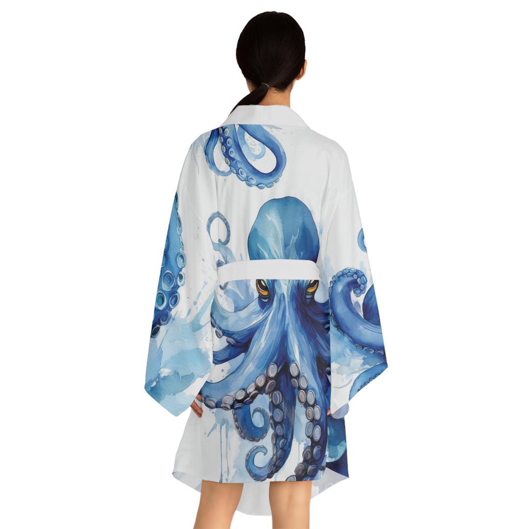 Blue Octopus Kimono Robe: Nautical Lounge Wear, Sea Creature Design - Etsy