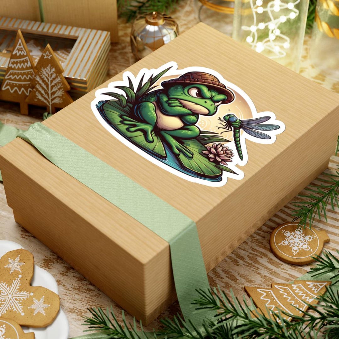 Angry Frog on Lily Pad Kiss-cut Stickers, Frog Lover Decal, Dragonfly ...