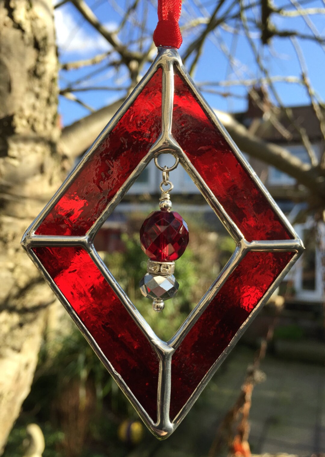 Red Stained Glass Suncatcher. Scarlet Colour Art Panel, Handmade ...