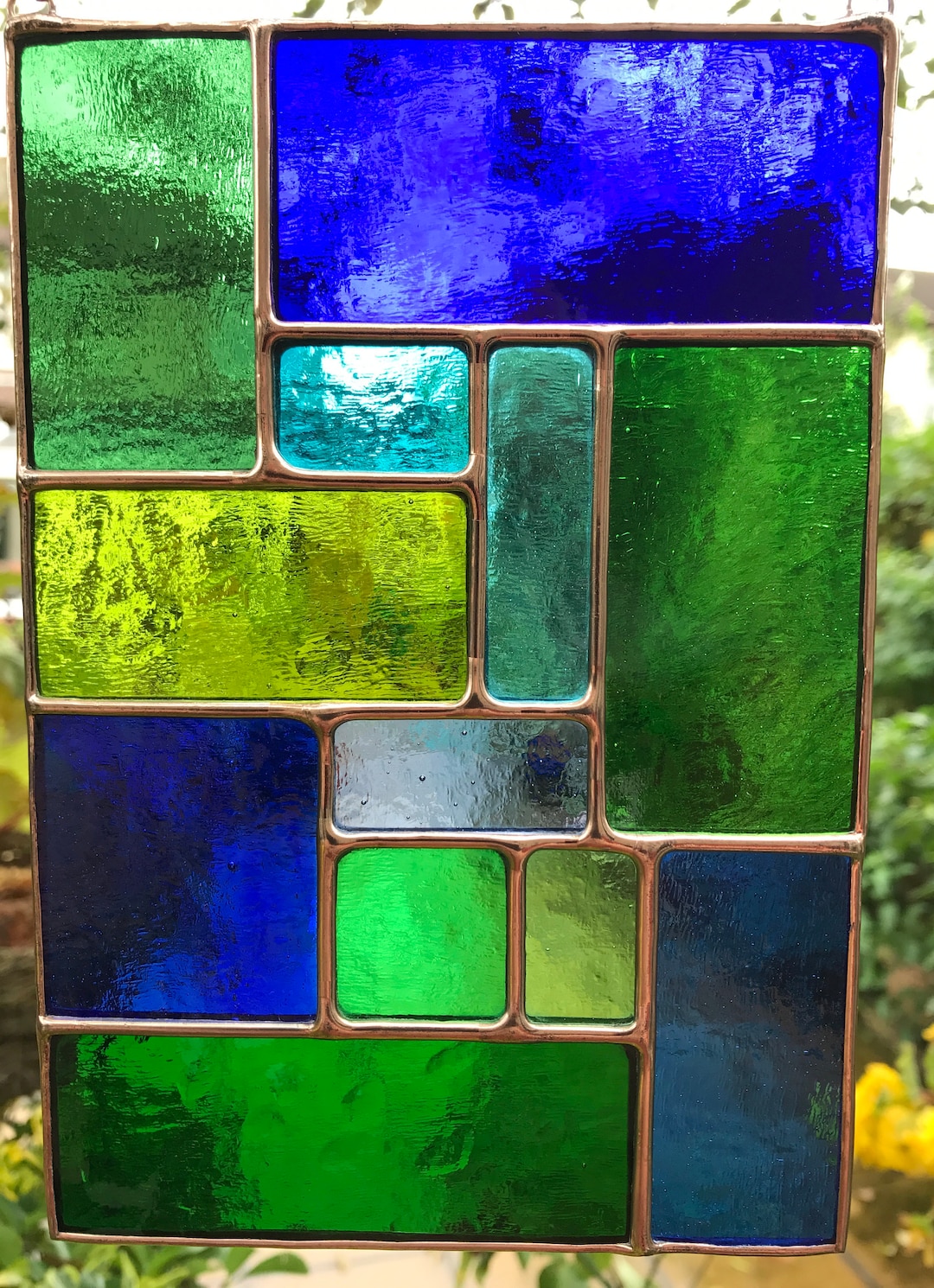 Stained Glass Panel, Blue & Green Coloured Copper Abstract Suncatcher ...