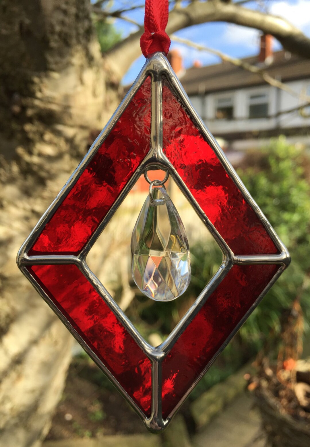 Red Stained Glass Suncatcher. Scarlet Colour Art Diamond Shape ...
