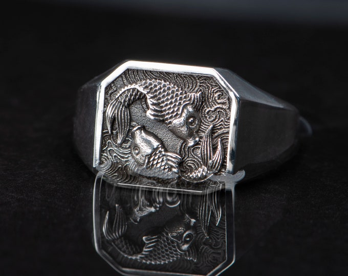 Koi Fish Signet Ring, Yin Yang Signet Ring, Twin Koi Aquarius Dragon ...