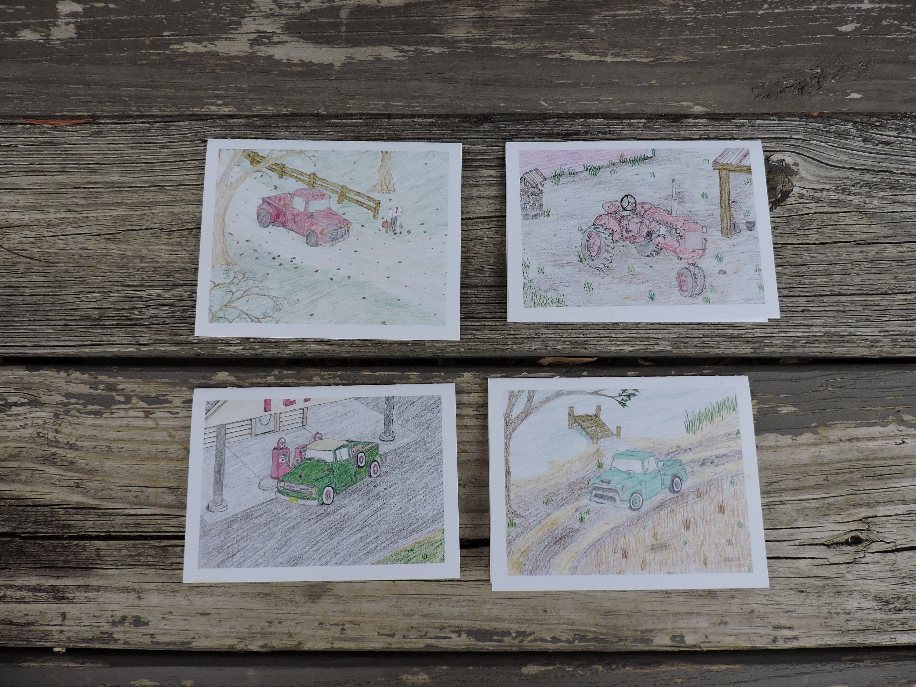 Vintage Farm Trucks and Tractors Greeting Cards, 4 Printed Colored ...