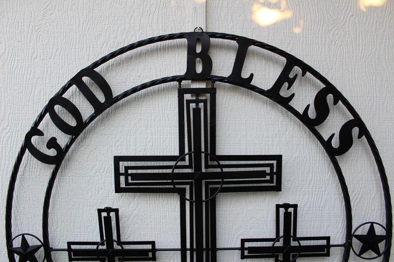 40" Three Crosses Crucifix With God Bless Our Home Handmade Metal Wall ...