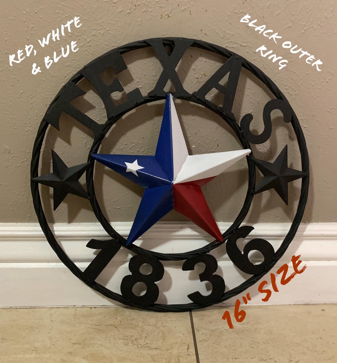 16" TEXAS 1836 Barn Star Metal Wall Sign Red White Blue Patriotic Black ...