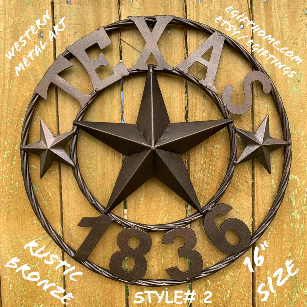 16" TEXAS 1836 OR TEXAS Barn Star Metal Lone Star Wall Art Twisted Rope ...