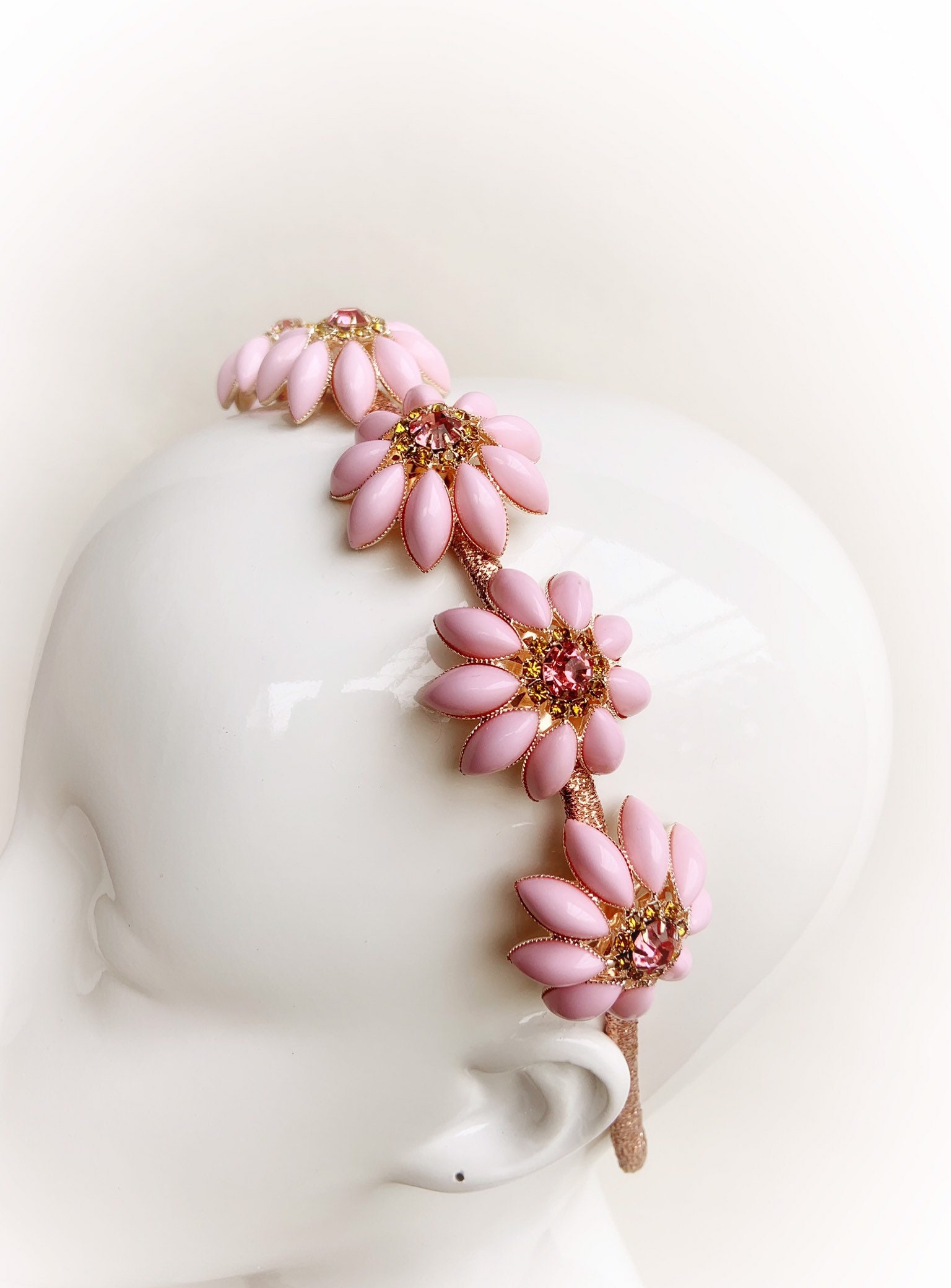 Pink Floral Headband With Crystals, Pink Wedding Flower Headband ...