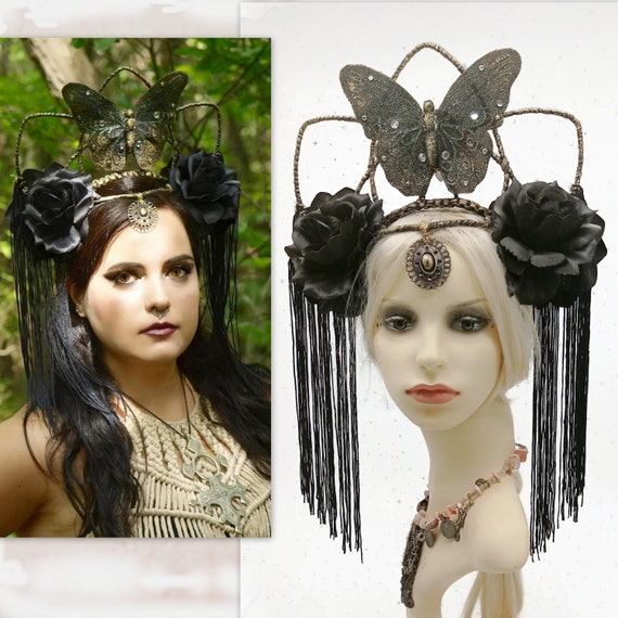 Fantasy Dark Queen Crown With Huge Black Butterfly Gothic - Etsy
