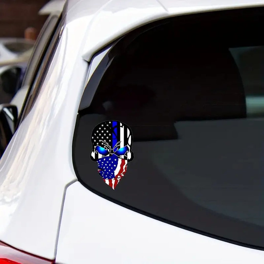 Patriotic Thin Blue Line Skull Auto Decal | Police Auto Decal | Thin ...