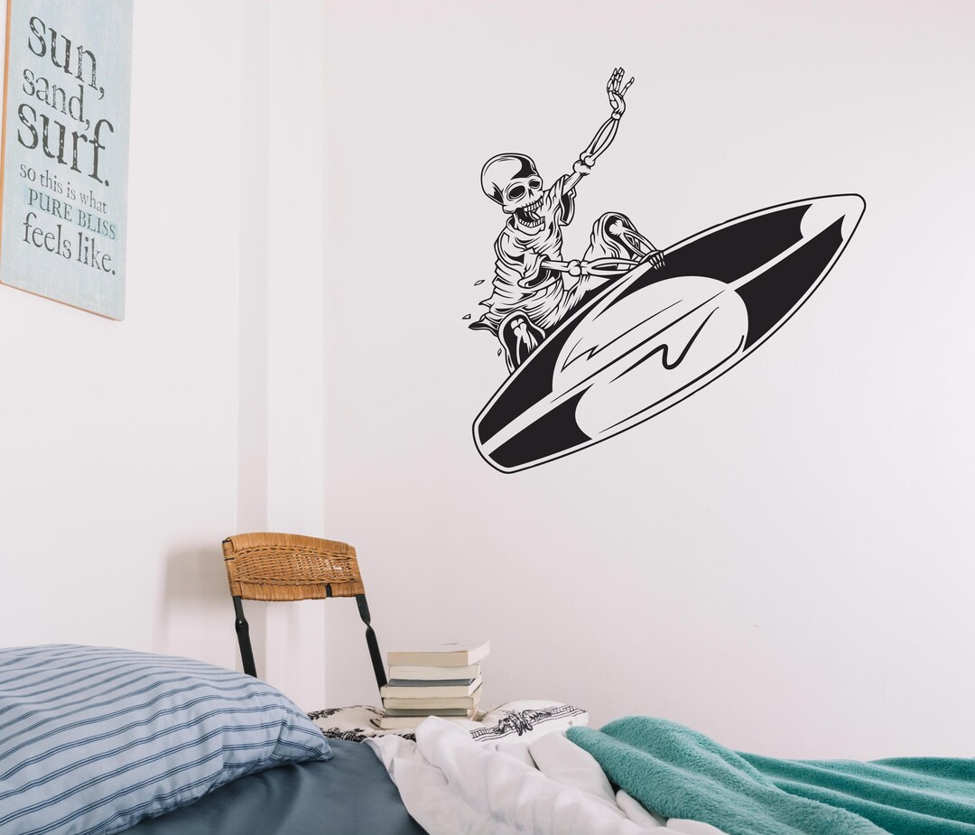 Skeleton Surfer Wall Decal, Gothic Surfboard Sticker for Bedroom, Dorm ...