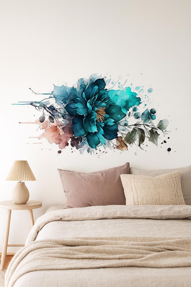 Oversized Watercolor Peony Wall Decal: Teal Floral Vinyl Sticker (23x45 ...