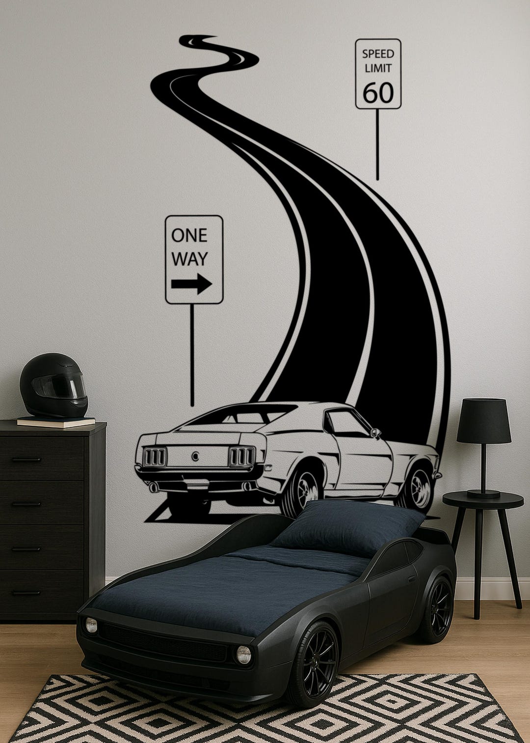 Vintage Muscle Car Road Wall Decal, Boys Room Decor, Teen Garage Art ...