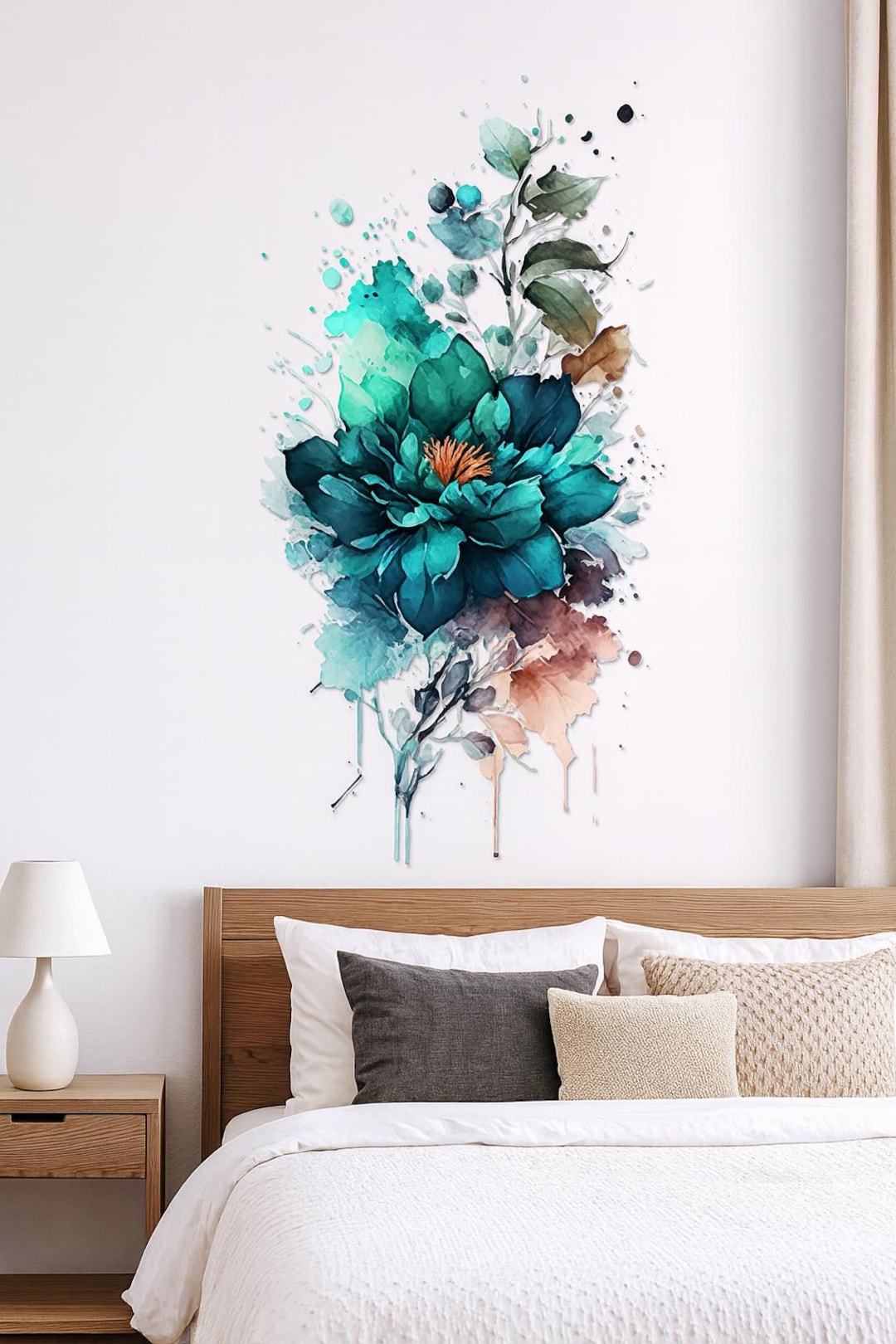 Oversized Watercolor Peony Wall Decal: Teal Floral Vinyl Sticker (23x45 ...