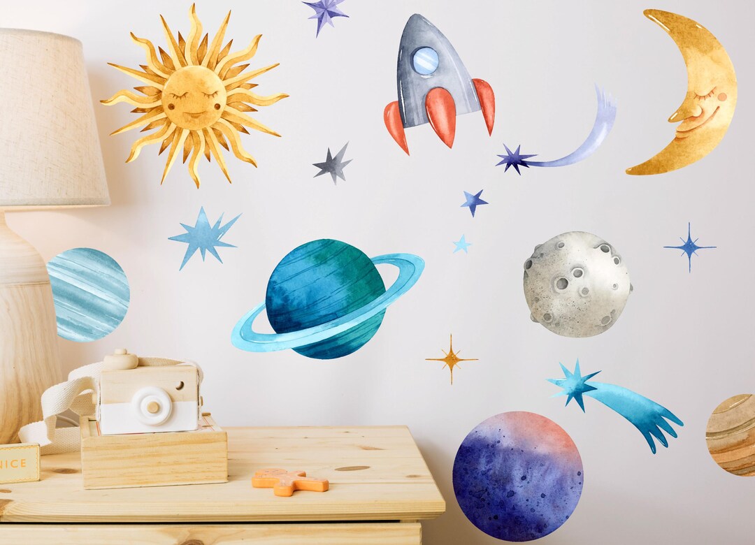Watercolor Solar System Wall Decals: Peel and Stick Kids Room Decor ...
