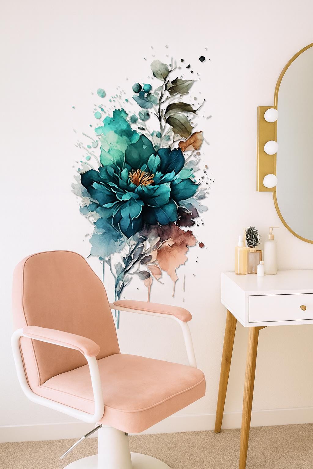 Oversized Watercolor Peony Wall Decal: Teal Floral Vinyl Sticker (23x45 ...