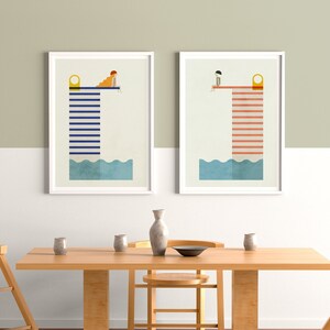Vintage Swimming Couple on a Springboard Graphic Illustration Print ...