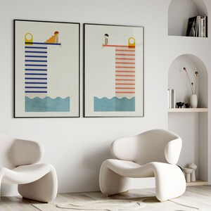 Vintage Swimming Couple on a Springboard Graphic Illustration Print ...