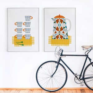 Set of 2 Coffee or Tea Cups Illustration Prints, Scandi Kitchen Decor ...