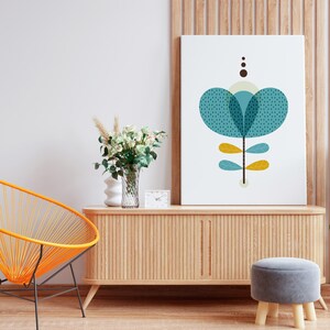 Turquoise Mid Century Modern Flower Wall Art, Retro Flower Illustration ...