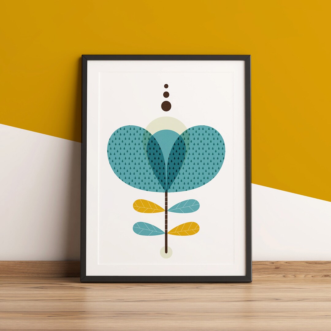 Turquoise Mid Century Modern Flower Wall Art, Retro Flower Illustration ...