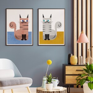 Curious Cats Illustration Set of 2 Cute Gray White and Pink Feline ...