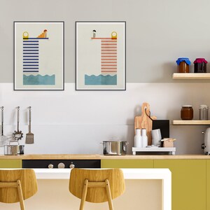 Vintage Swimming Couple on a Springboard Graphic Illustration Print ...