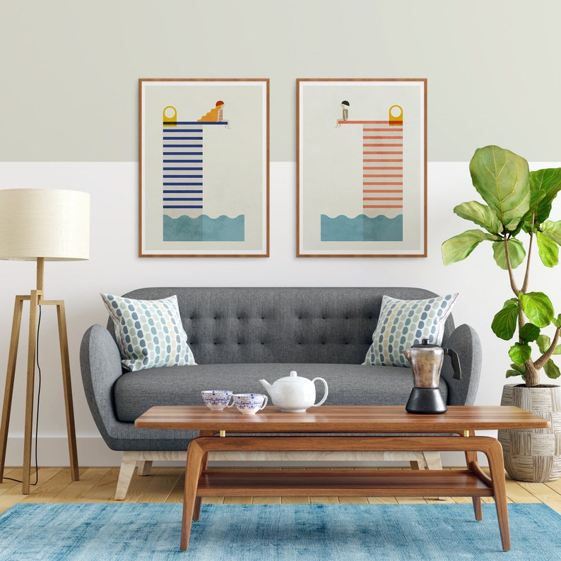 Vintage Swimming Couple on a Springboard Graphic Illustration | Etsy