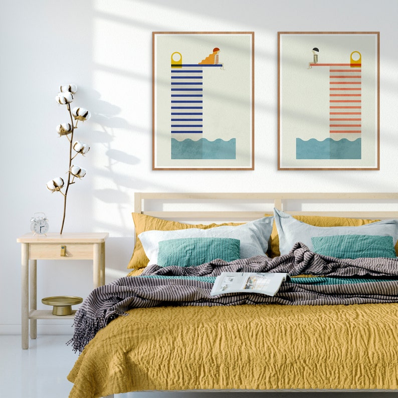 Vintage Swimming Couple on a Springboard Graphic Illustration | Etsy