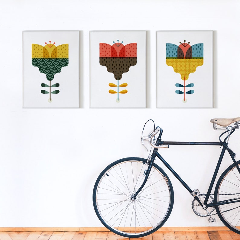 Geometric Flowers Set of 3 Modern Wall Art Floral Design - Etsy